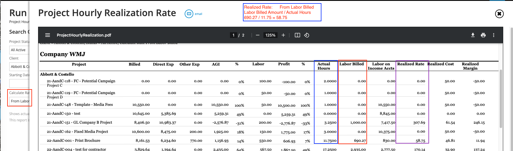Project hourly realization rate [report] – Workamajig