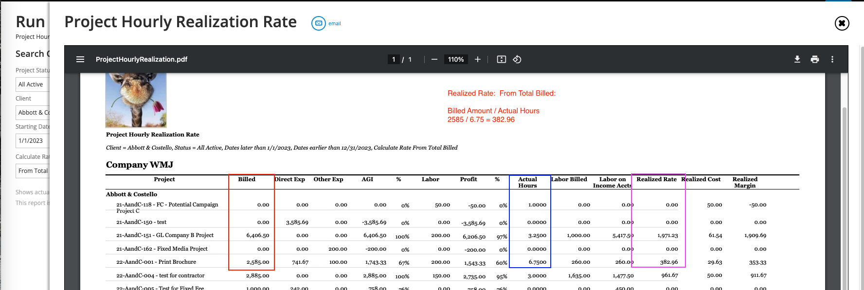 Project hourly realization rate [report] – Workamajig
