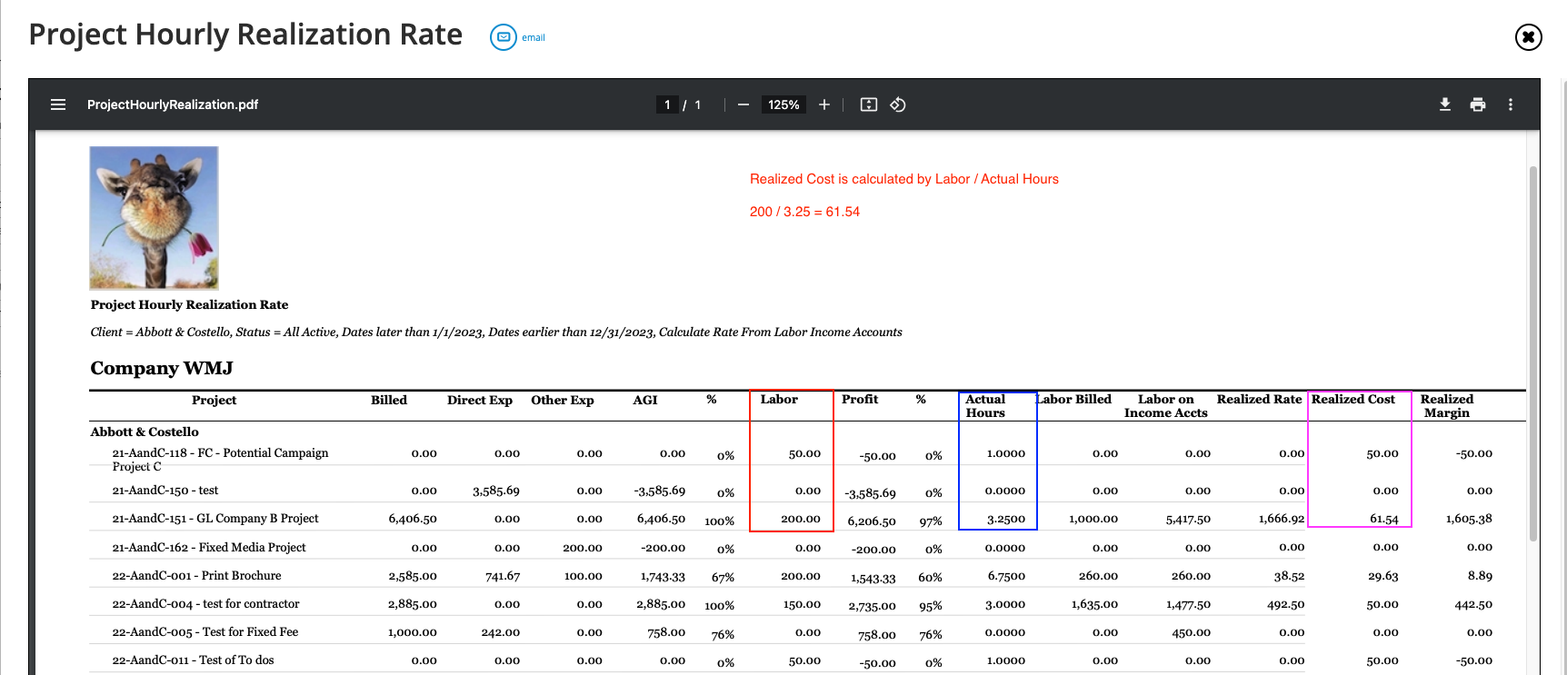Project hourly realization rate [report] – Workamajig